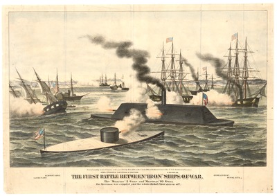 "Color print "The First Battle Between Iron ships of War," by Henry Bil"